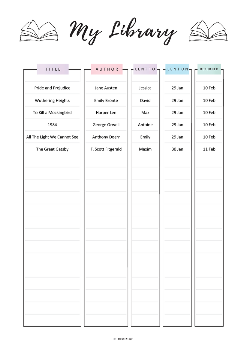 My Library Book Tracker Template PRINTABLE - M432 – mrsneat