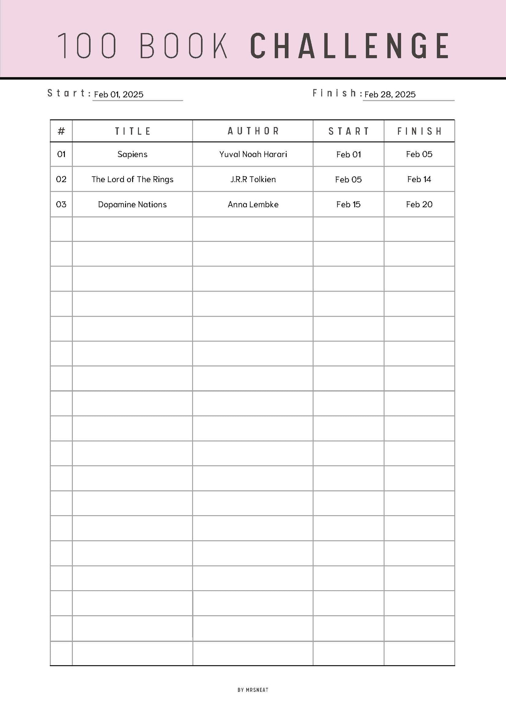 100 Book Challenge Printable - M235 – mrsneat