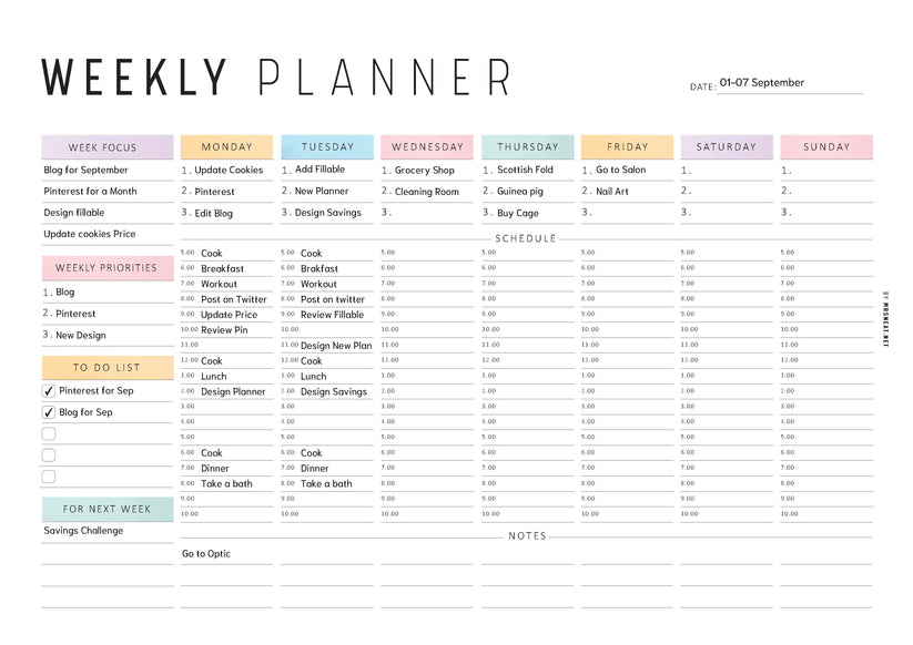 Colorful Weekly Hourly Planner Template Printable - M409 – mrsneat