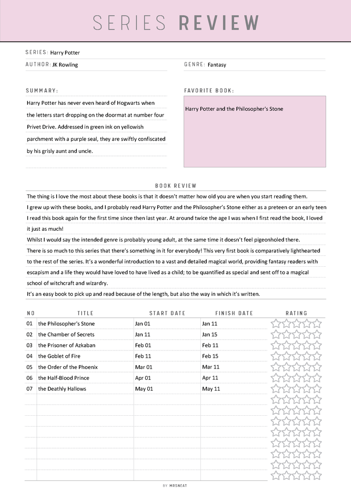 Book Series Review Template PRINTABLE PDF - M213 – mrsneat