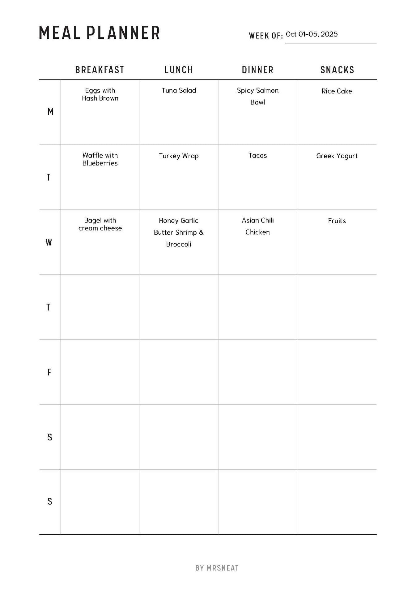 Weekly Meal Planner Printable PDF - M093 – mrsneat