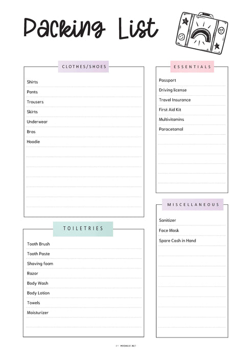 Travel Packing List Printable - M372 – mrsneat