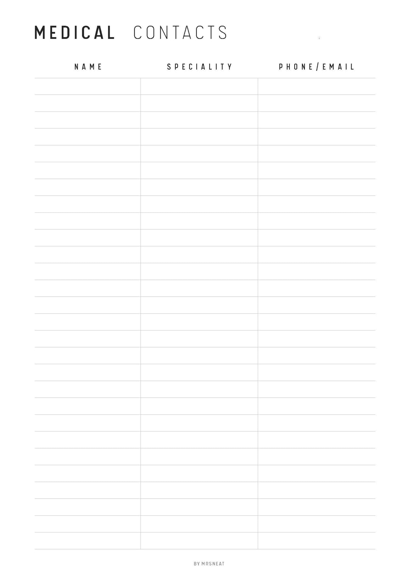 Medical Contact List Printable - M189 – mrsneat