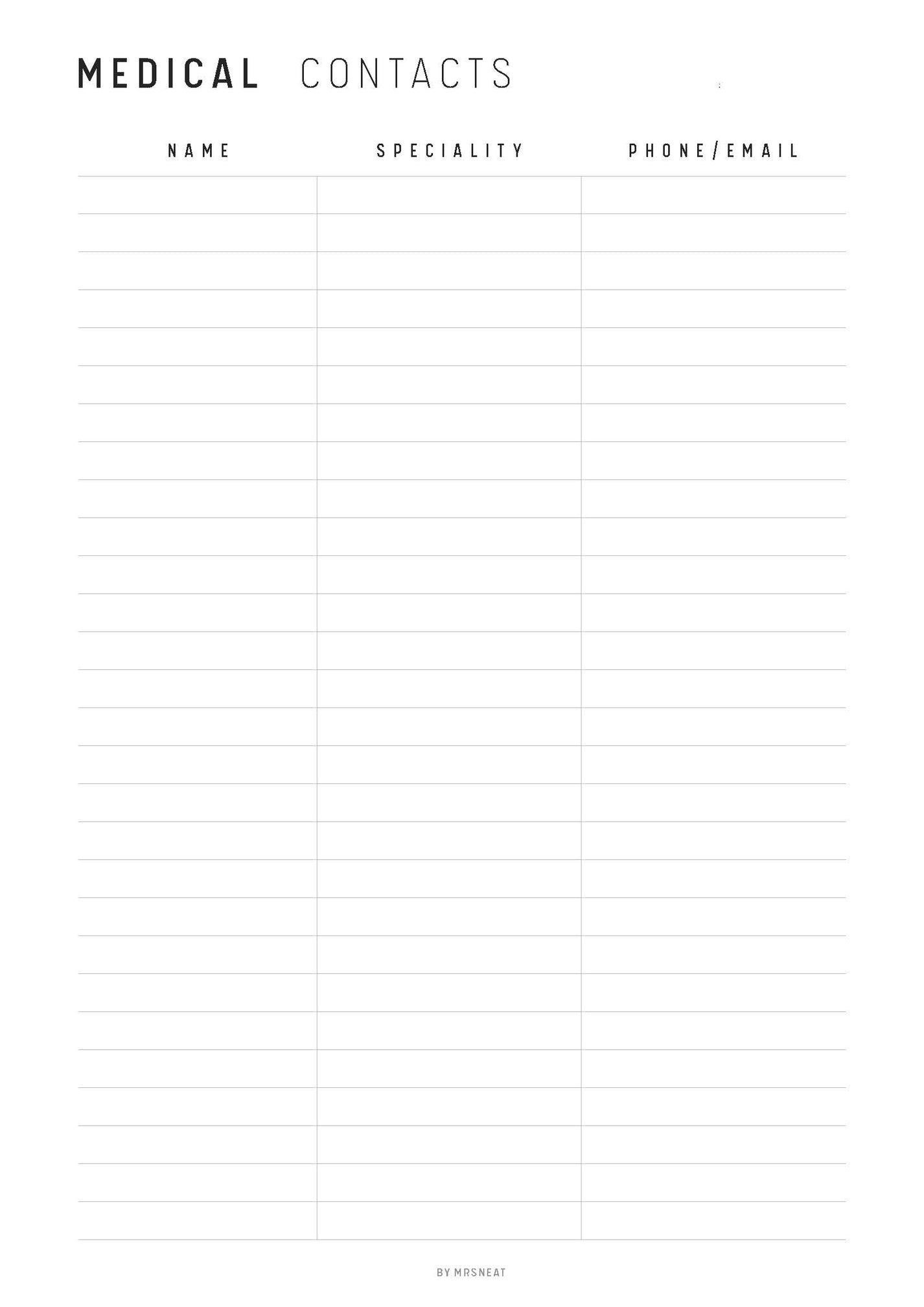 Medical Contact List Printable - M189 – mrsneat
