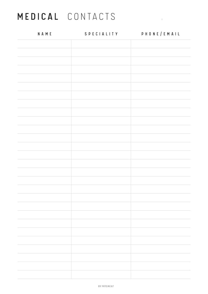 Medical Contact List Printable - M189 – mrsneat