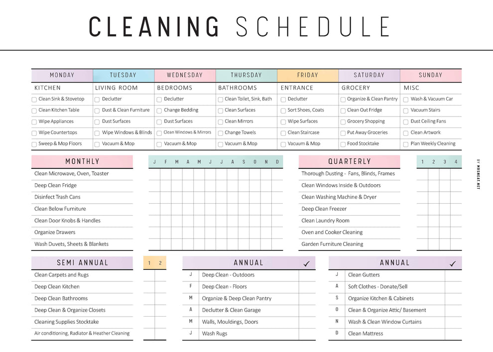 Colorful Cleaning Schedule Template PRINTABLE - M320 – mrsneat