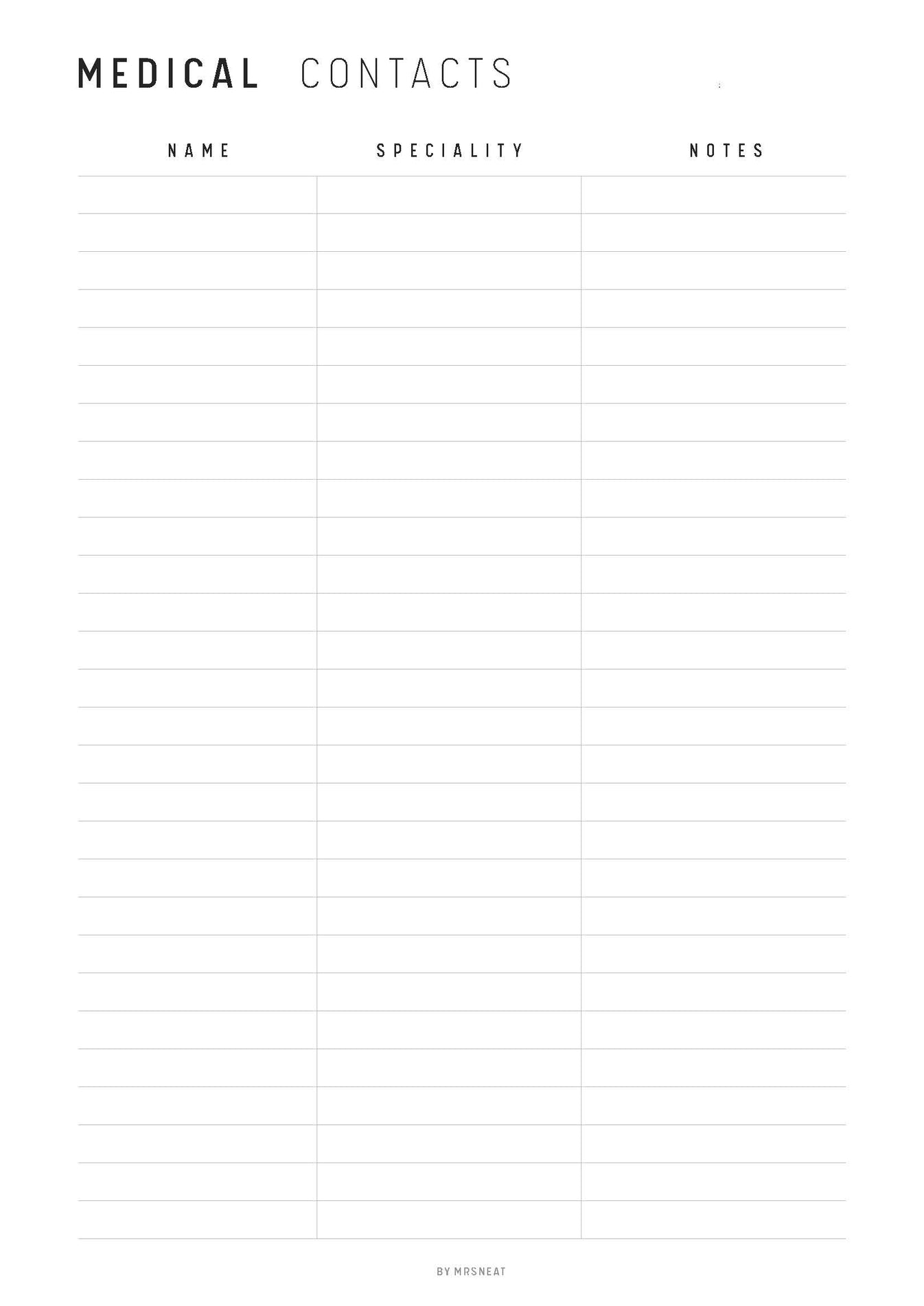 Medical Contact List Printable - M189 – mrsneat