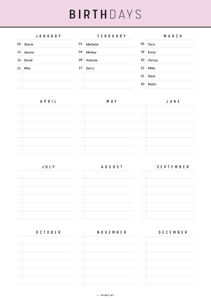 Birthday Tracker Template PRINTABLE - M274 – mrsneat