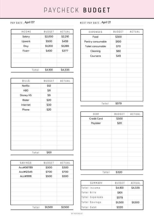 Paycheck Budget Template Printable - M147 – mrsneat