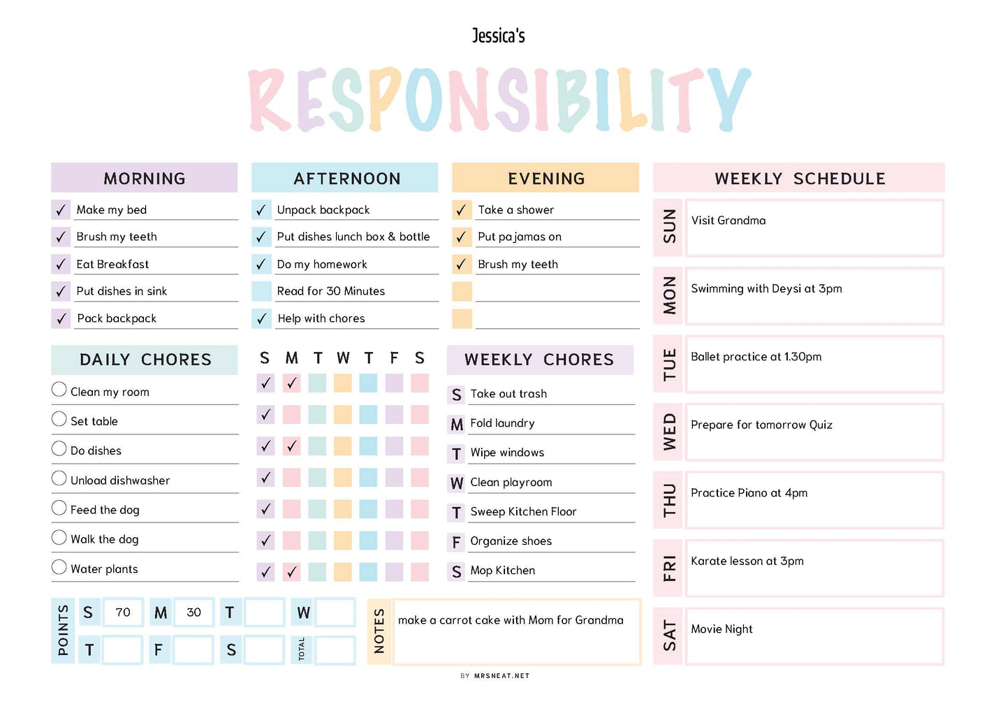 Editable Responsibility Chore Chart Printable PDF - M492 – mrsneat