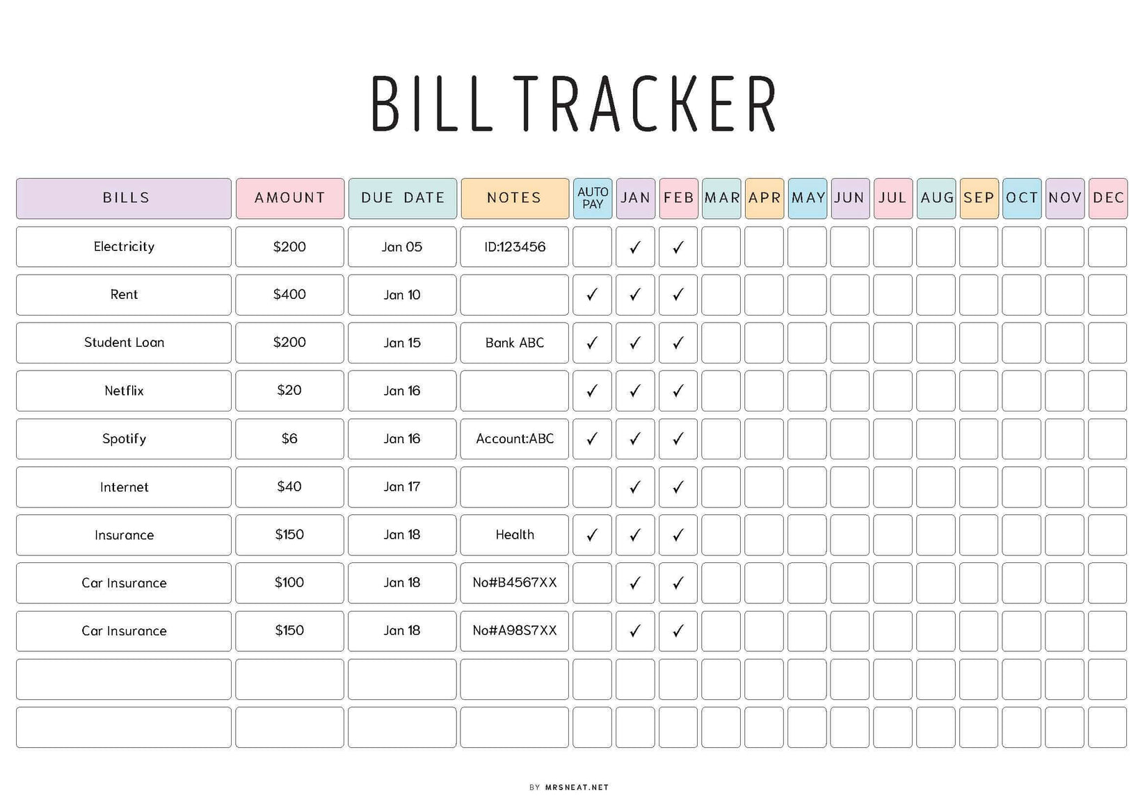Yearly Bill Tracker PRINTABLE - M488 – mrsneat
