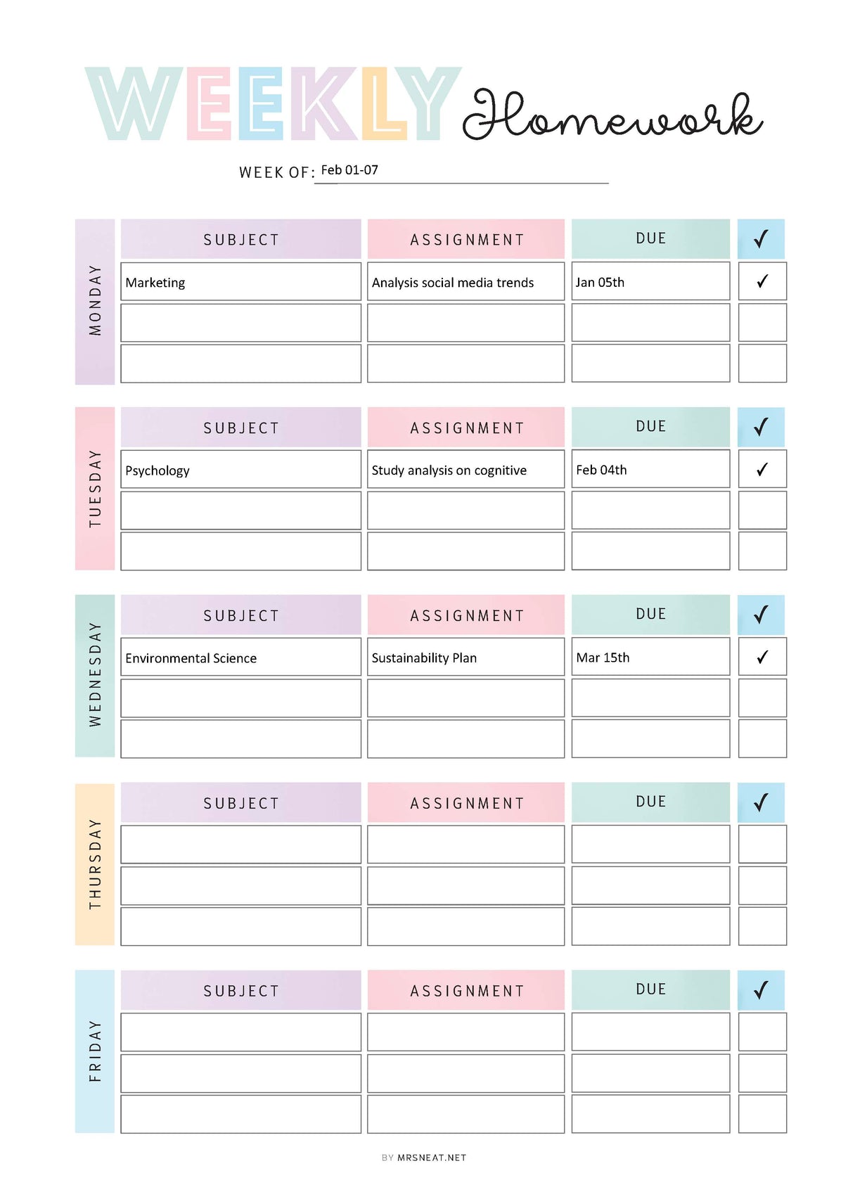 Weekly Homework Tracker Printable - M539 – mrsneat