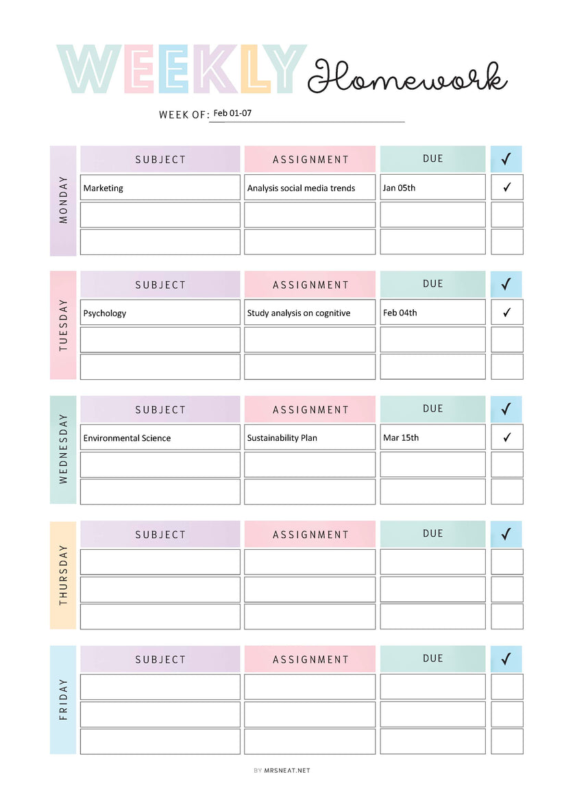 Weekly Homework Tracker Printable - M539 – mrsneat