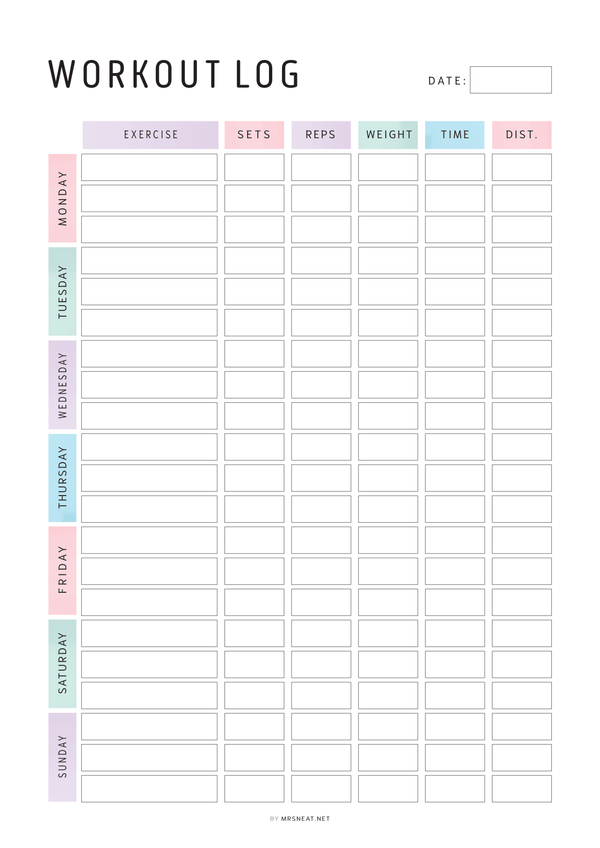 Editable Weekly Workout Log Printable - M487 – mrsneat