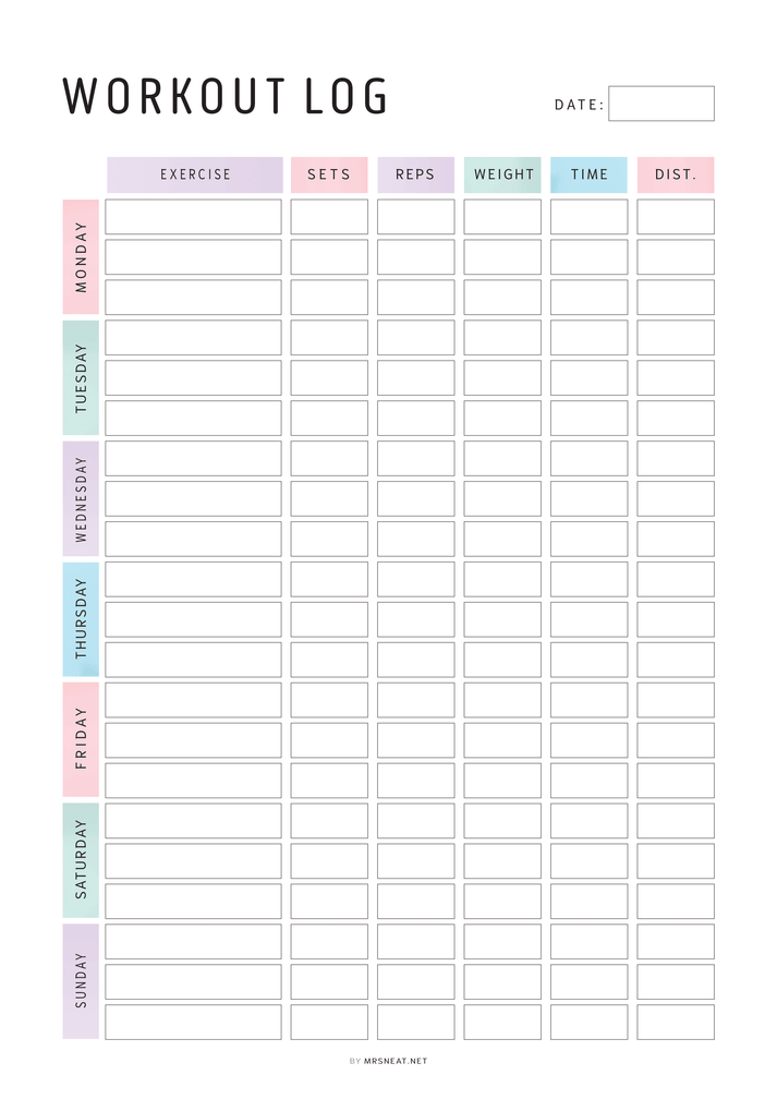 Editable Weekly Workout Log Printable - M487 – mrsneat