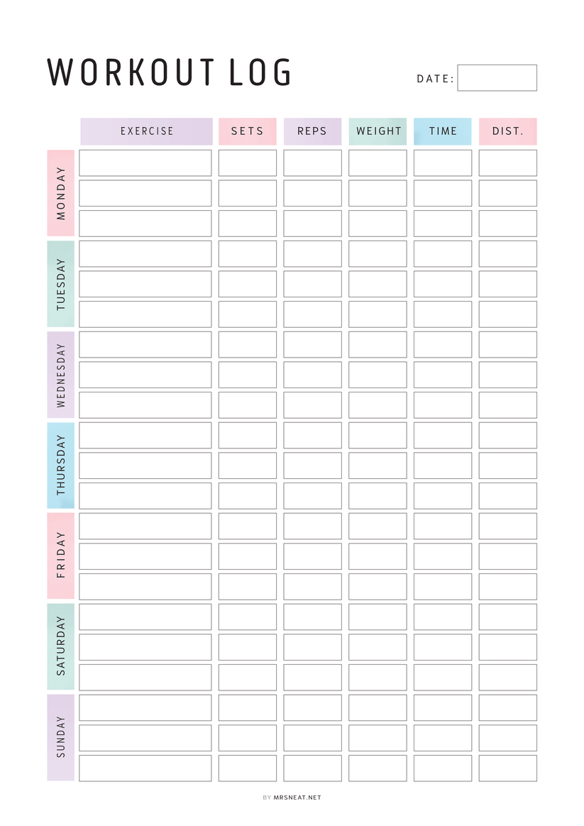 Editable Weekly Workout Log Printable - M487 – mrsneat
