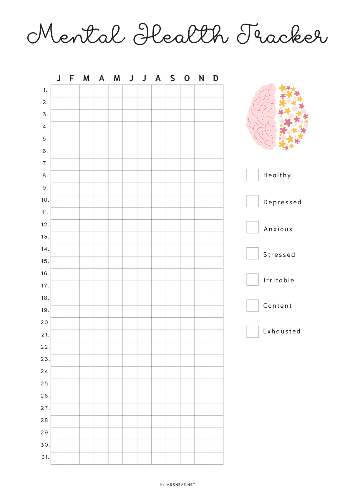 Mental Health Tracker Template Printable PDF - M502 – mrsneat