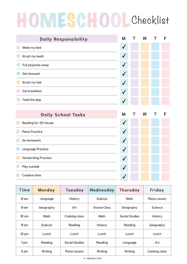Homeschool Checklist Template PDF - M495 – mrsneat