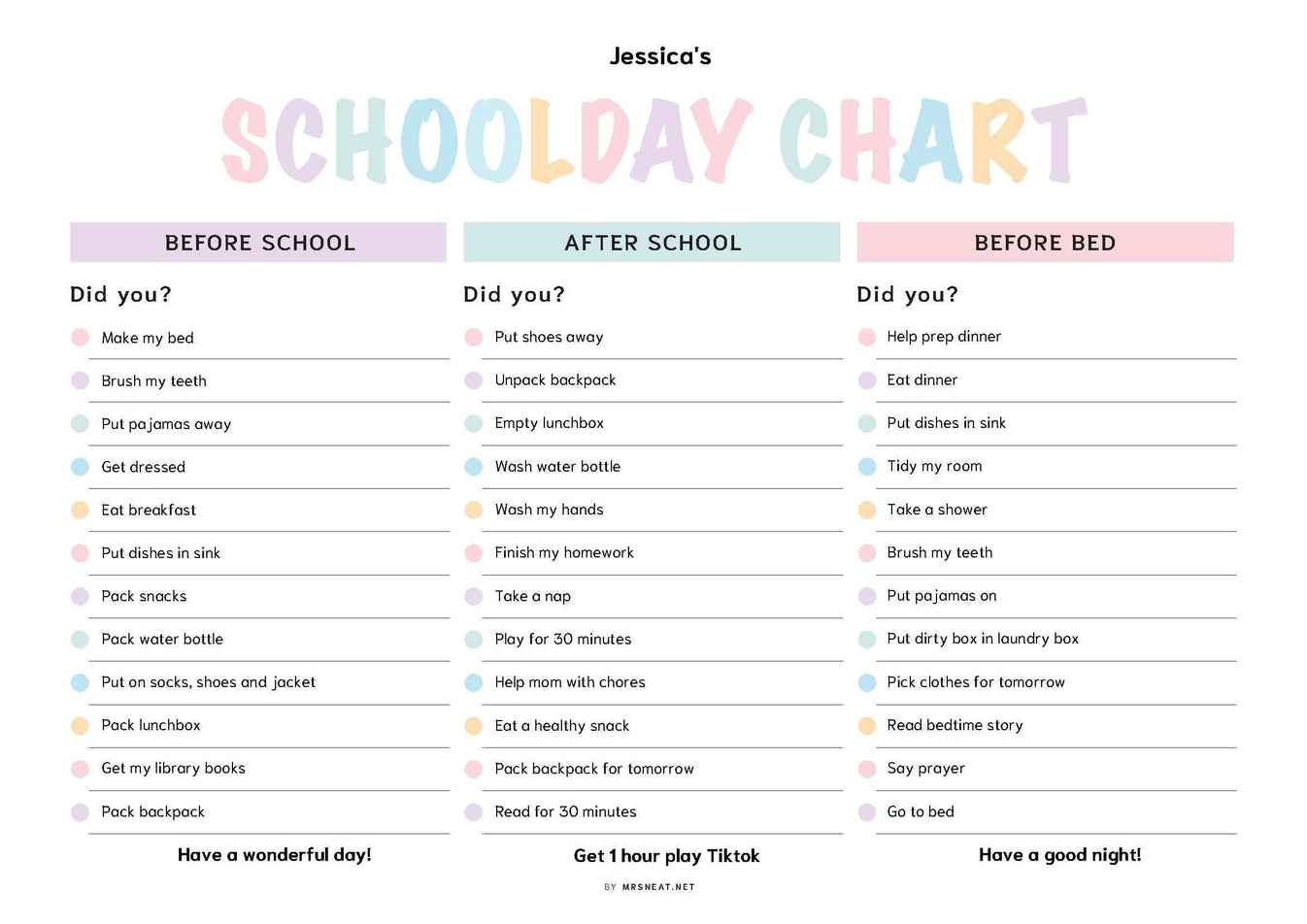 School day chart editable pdf - M493 – mrsneat