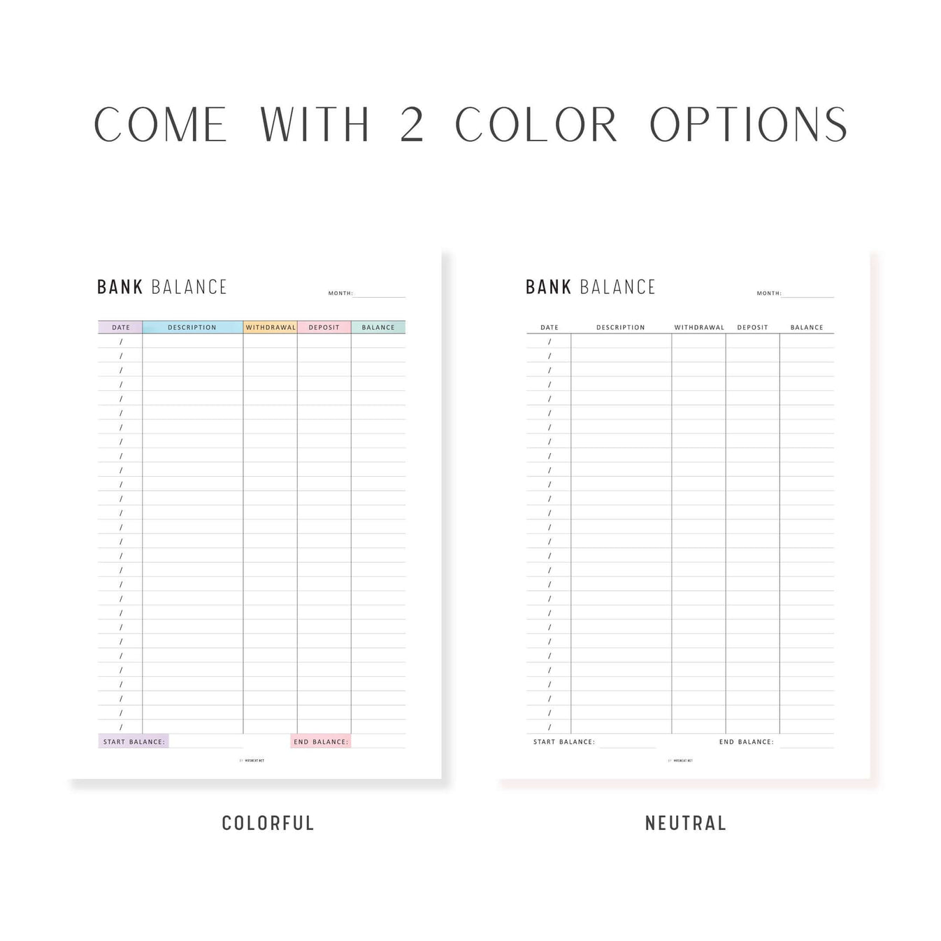 PRINTABLE Bank Balance Sheet, 2 Colors - M446 – mrsneat