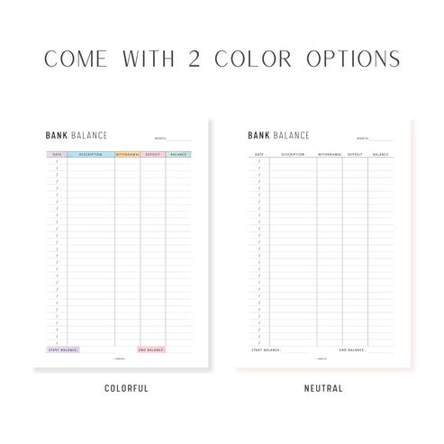 PRINTABLE Bank Balance Sheet, 2 Colors - M446 – mrsneat