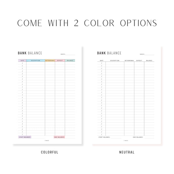 PRINTABLE Bank Balance Sheet, 2 Colors - M446 – mrsneat