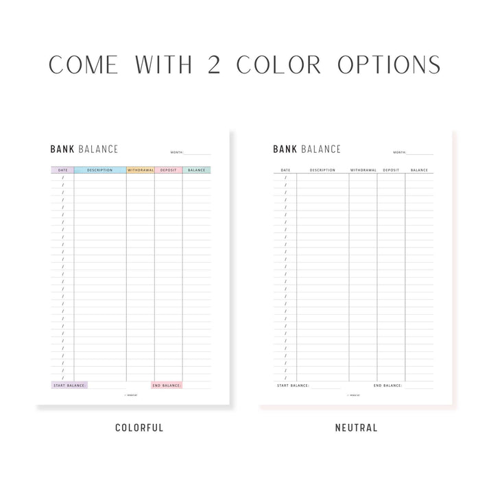 PRINTABLE Bank Balance Sheet, 2 Colors - M446 – mrsneat