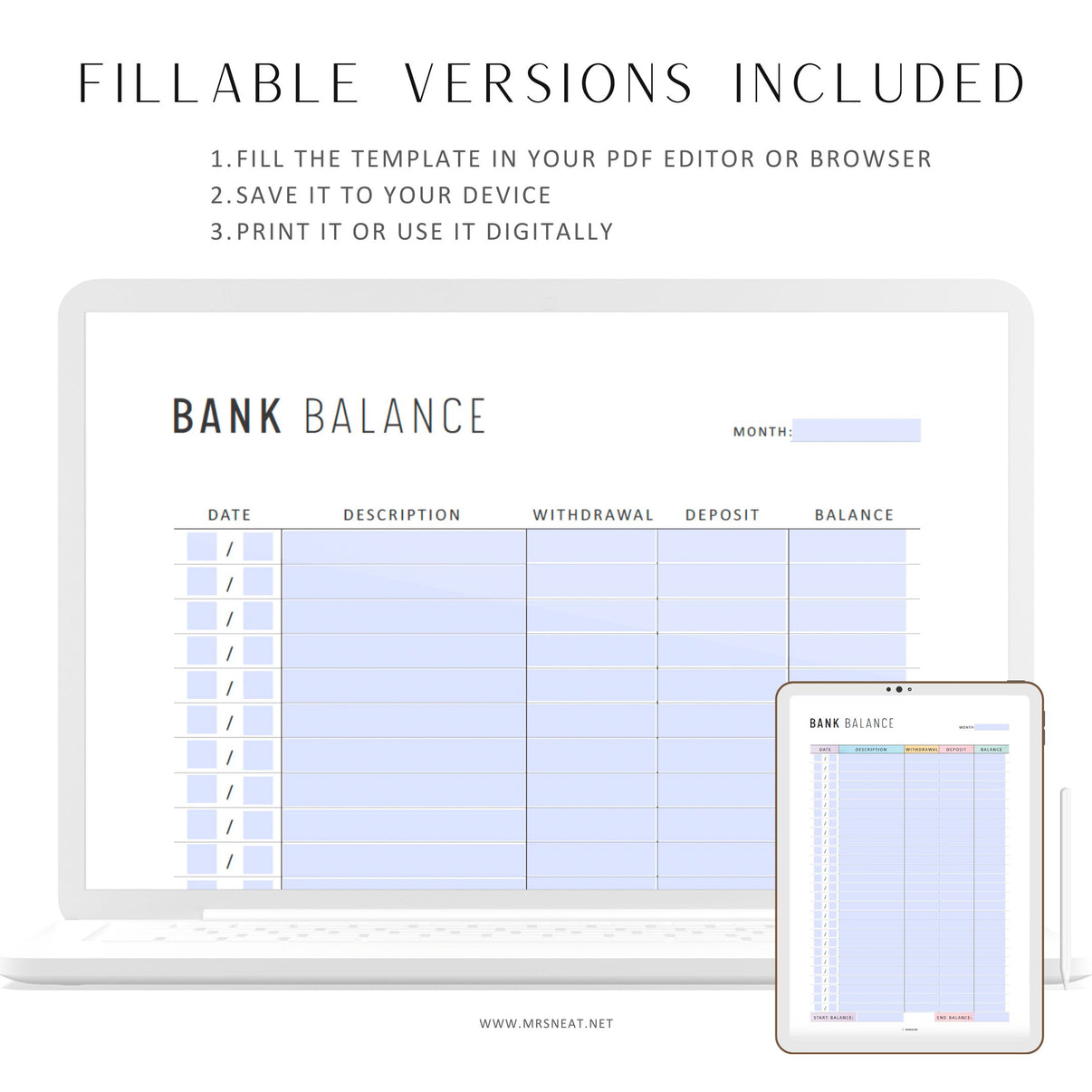 PRINTABLE Bank Balance Sheet, 2 Colors - M446 – mrsneat