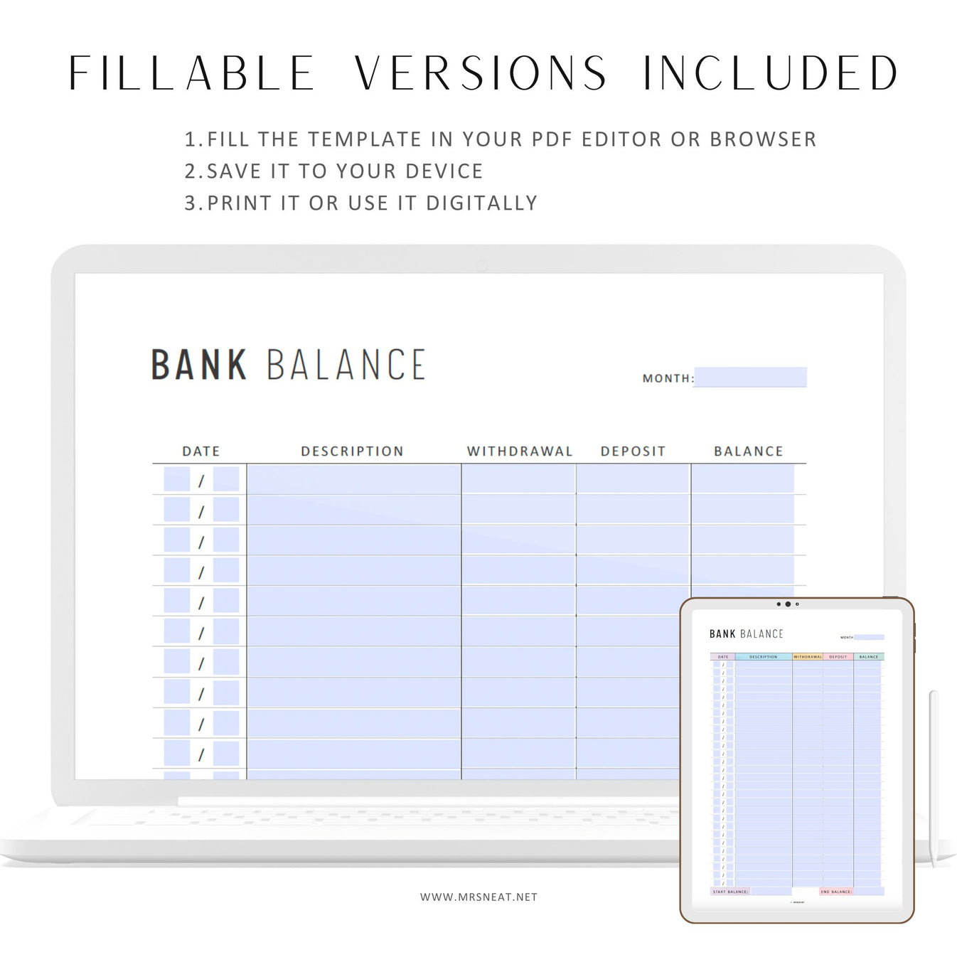 PRINTABLE Bank Balance Sheet, 2 Colors - M446 – mrsneat