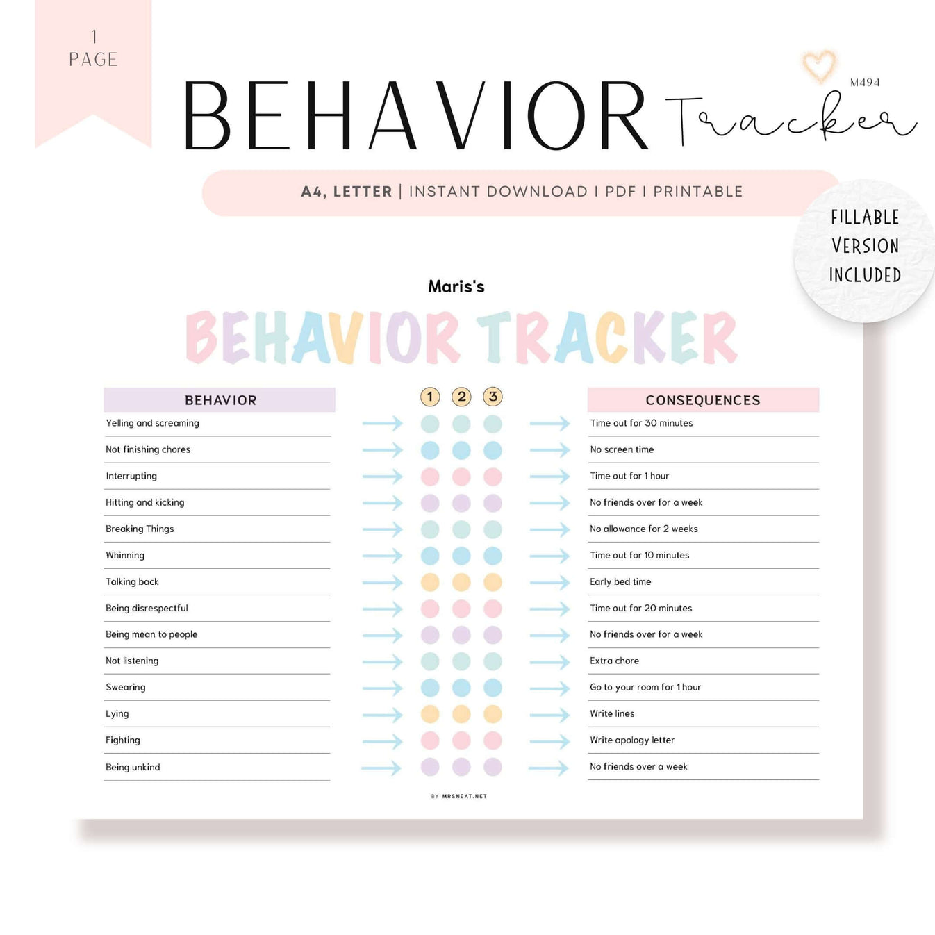Editable Behavior Chart Template PDF - M494 – mrsneat