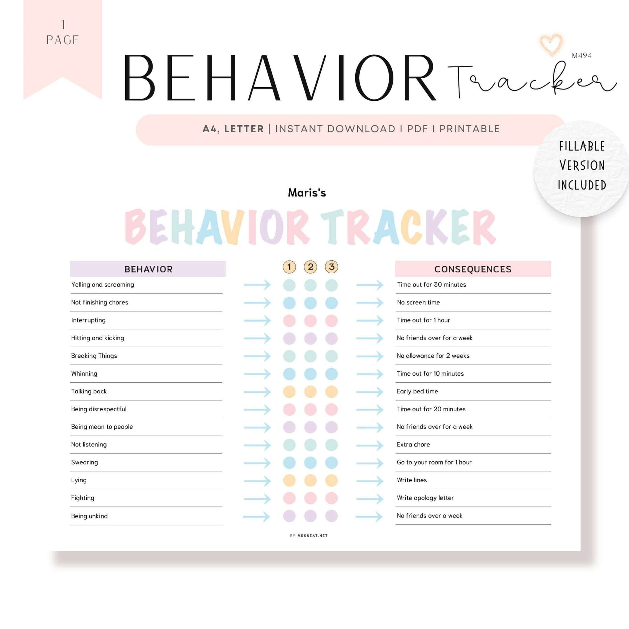 Editable Behavior Chart Template PDF - M494 – mrsneat