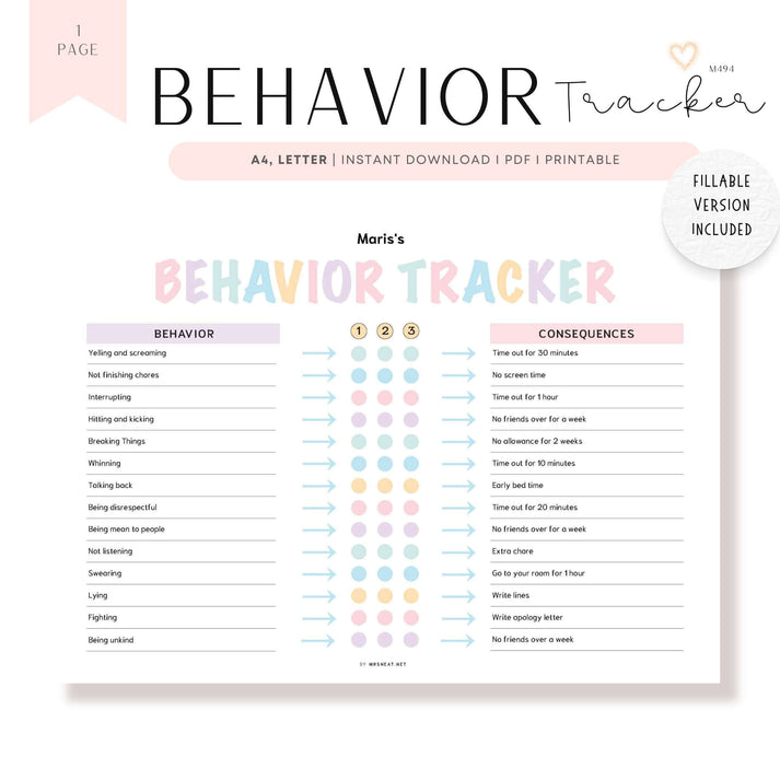 Editable Behavior Chart Template PDF - M494 – mrsneat