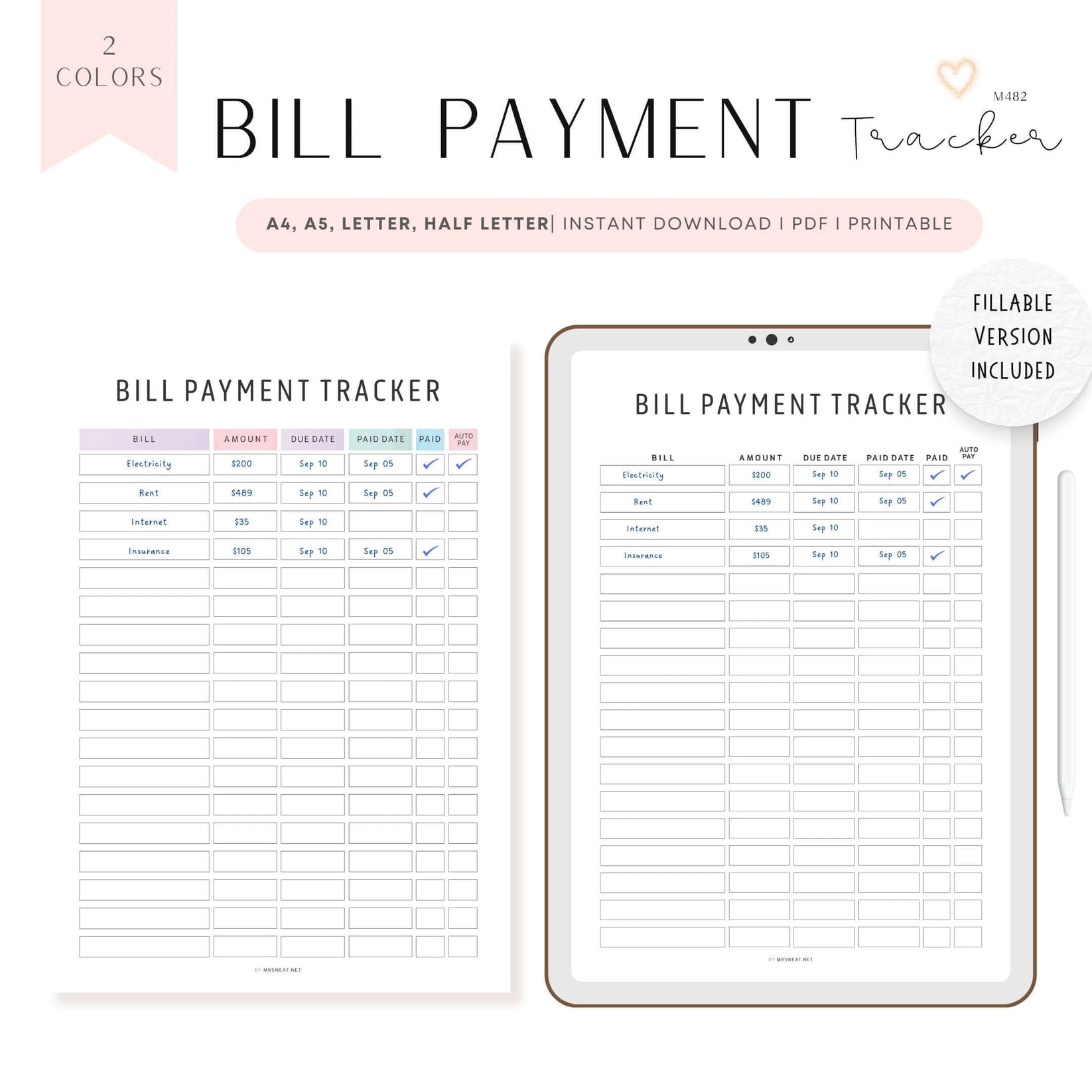 FILLABLE Bill Payment Tracker Template Printable - M482 – mrsneat