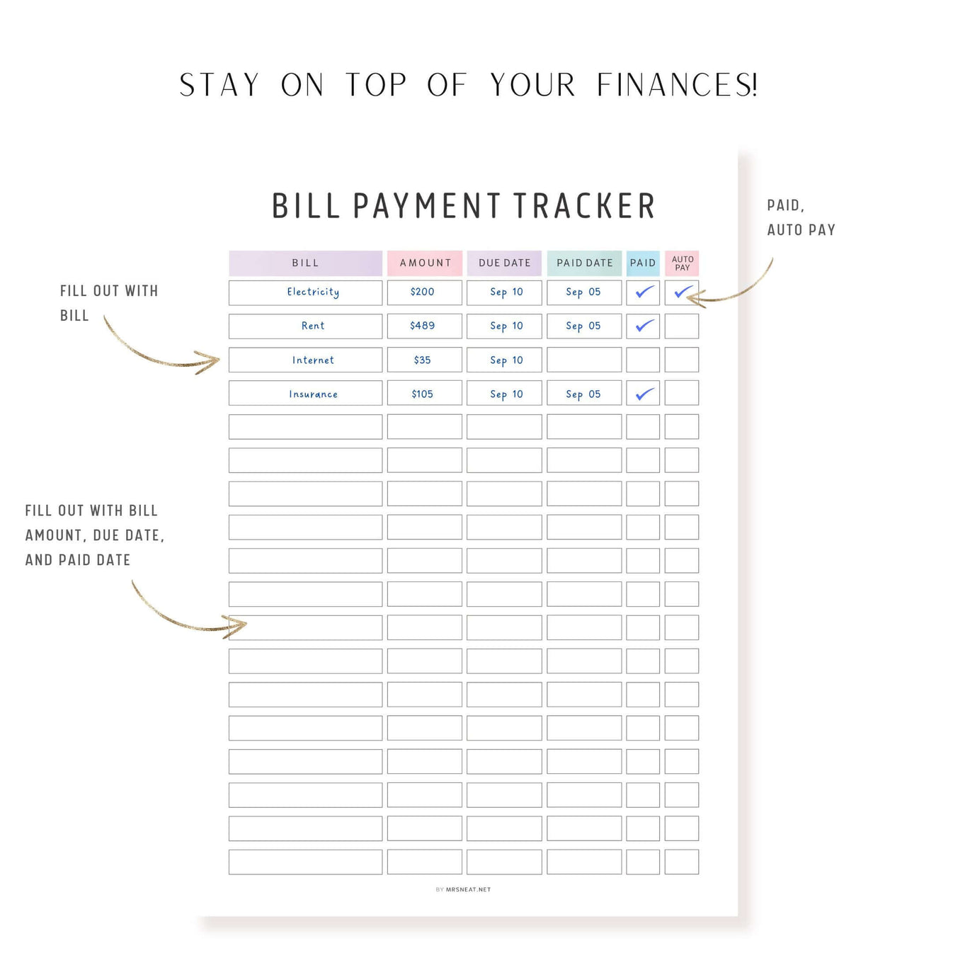FILLABLE Bill Payment Tracker Template Printable - M482 – mrsneat