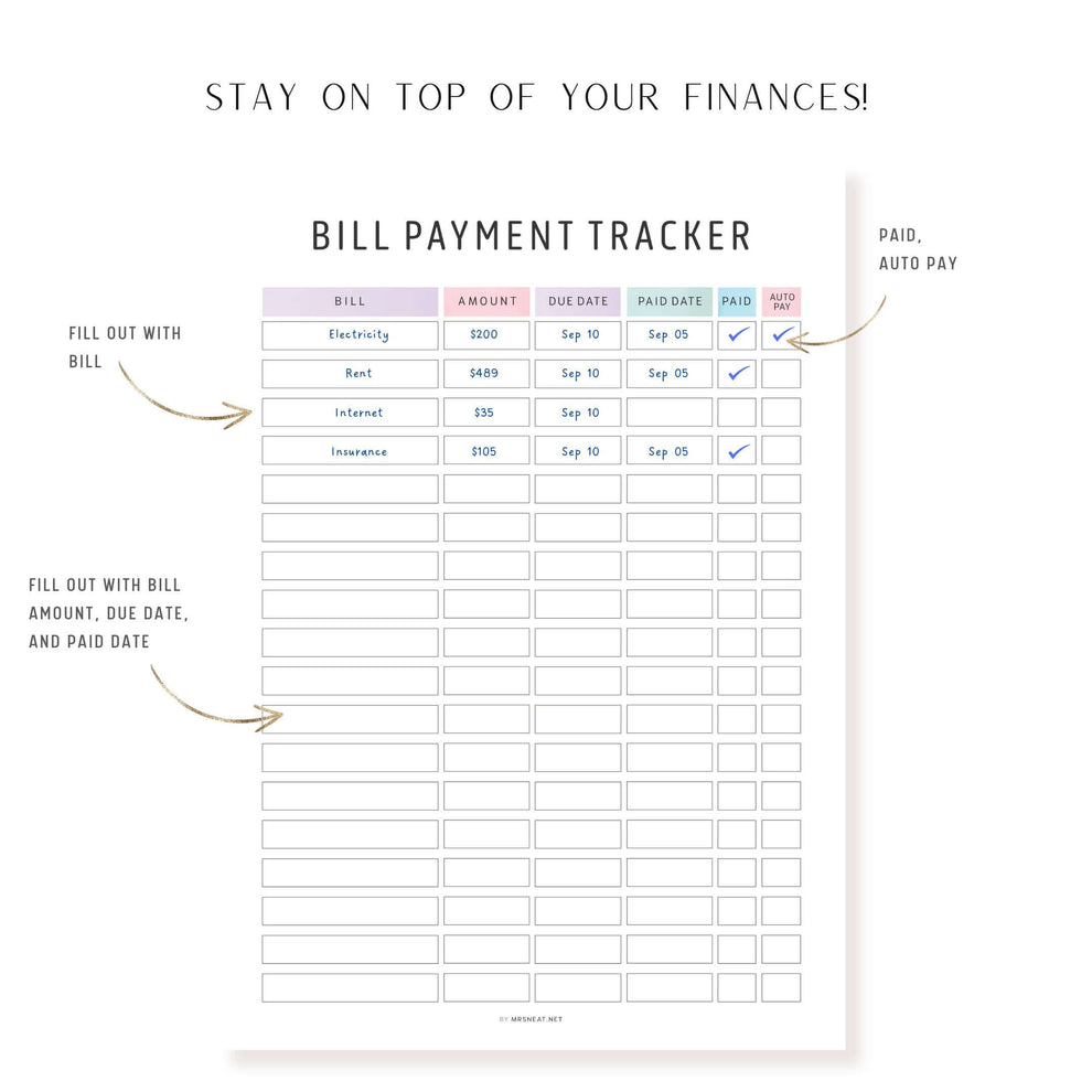 FILLABLE Bill Payment Tracker Template Printable - M482 – mrsneat