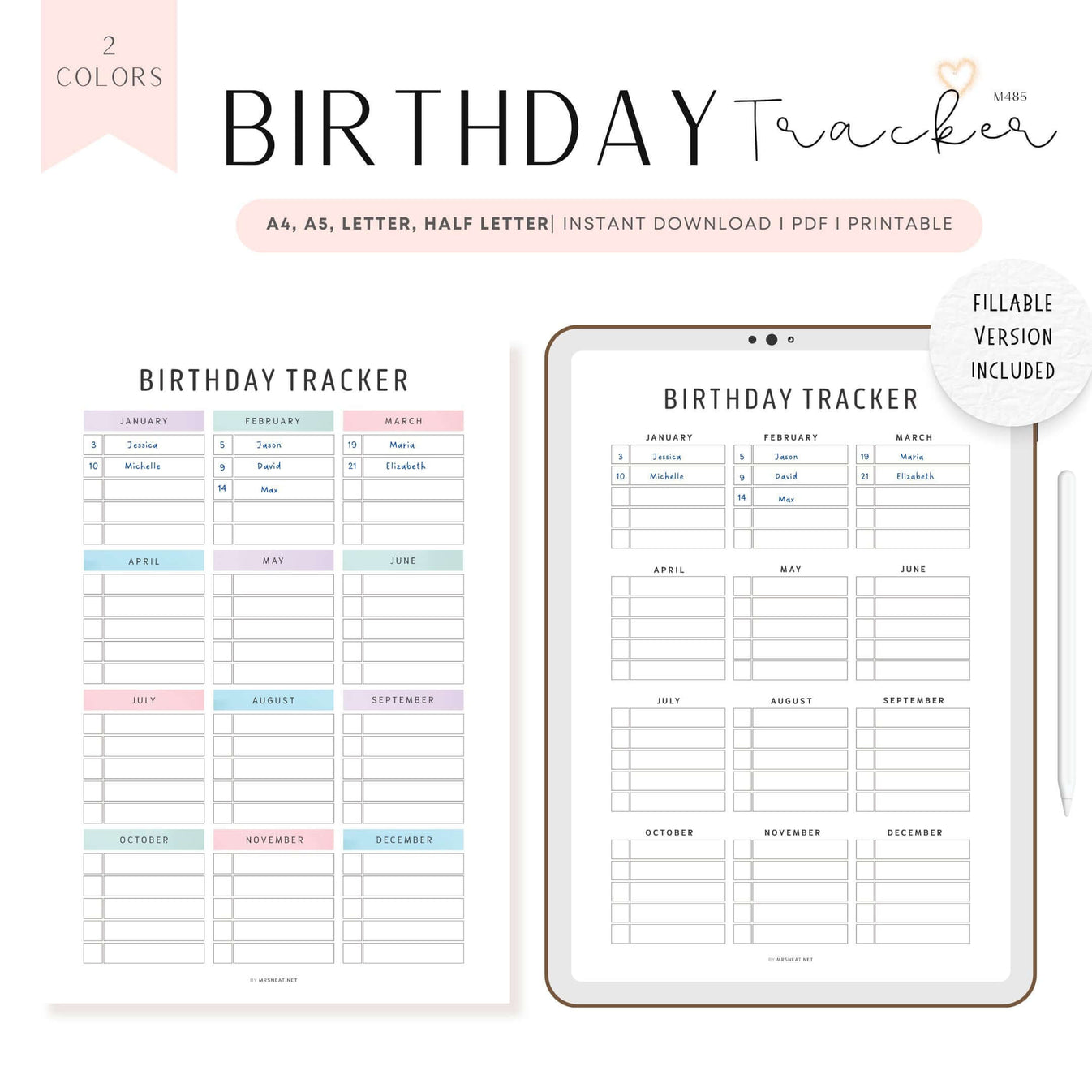 Birthday Tracker Printable - M485 – mrsneat