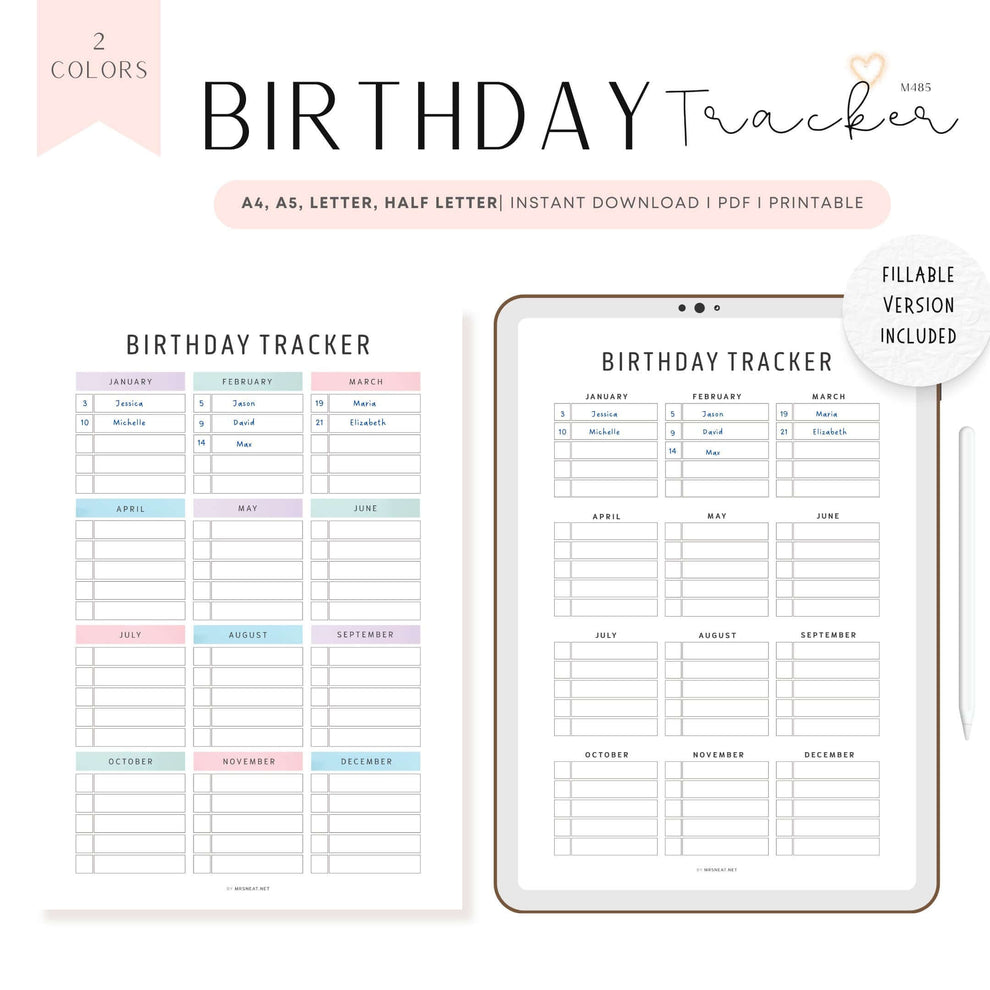 Birthday Tracker Printable - M485 – mrsneat