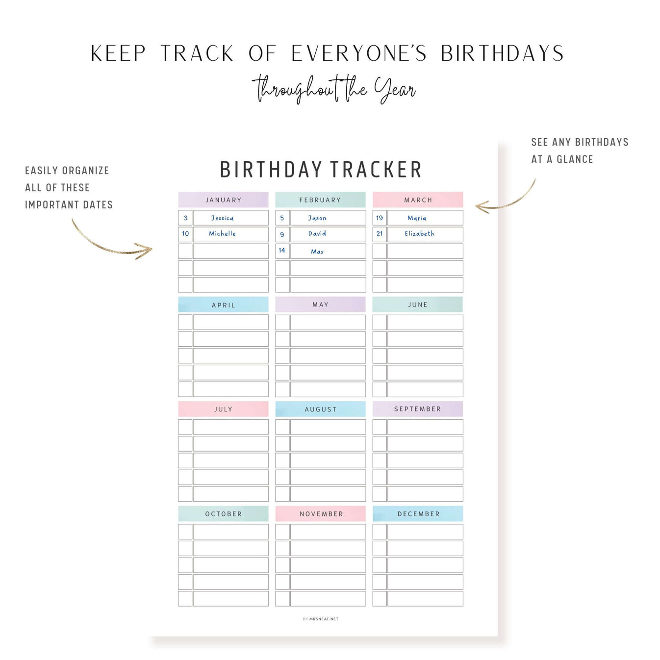 Birthday Tracker Printable - M485 – mrsneat
