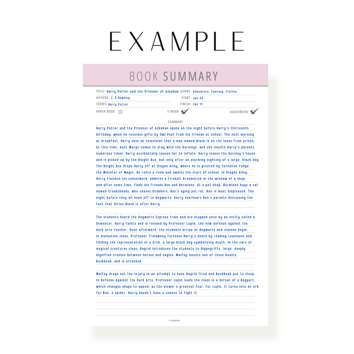 Book Summary Template PRINTABLE - M217 – mrsneat