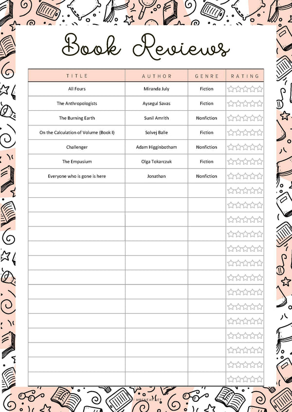 Books Review Rating Printable - M509 – mrsneat