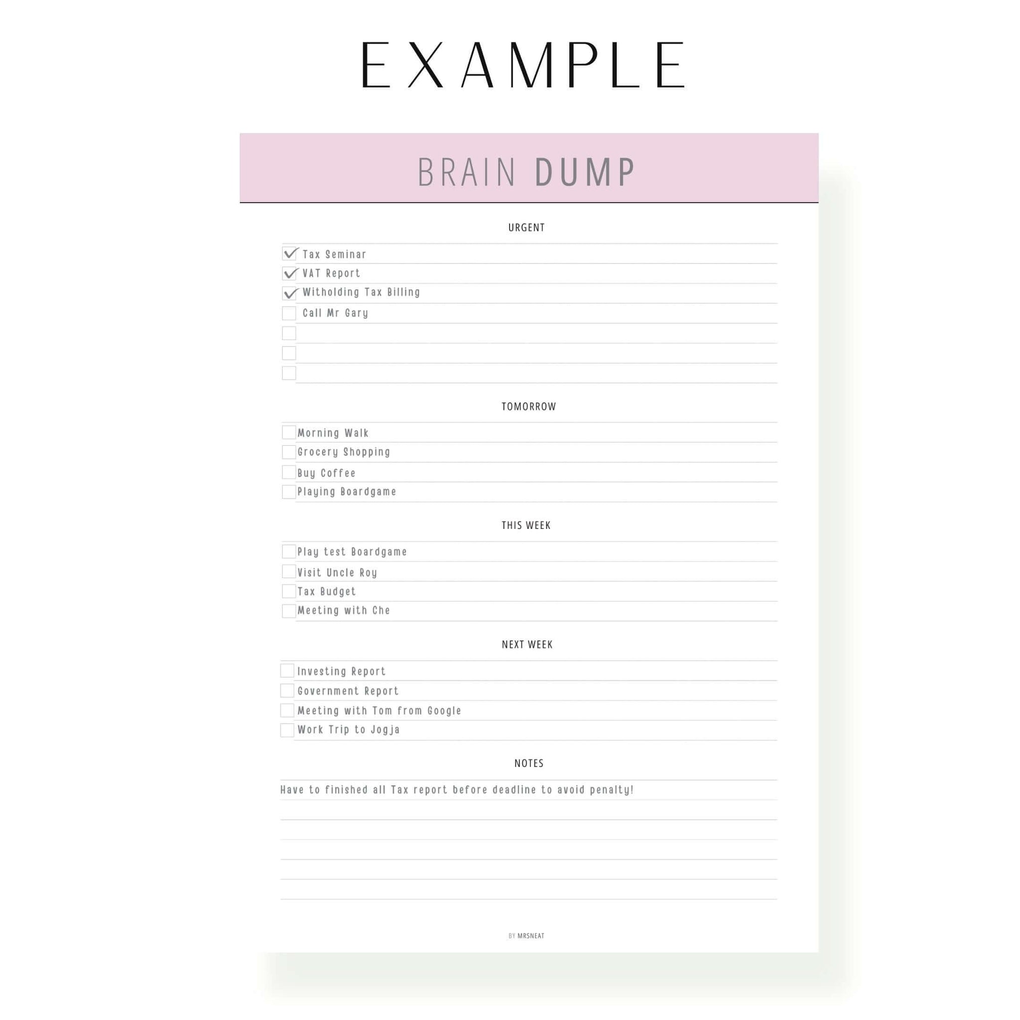 Brain Dump Template – mrsneat