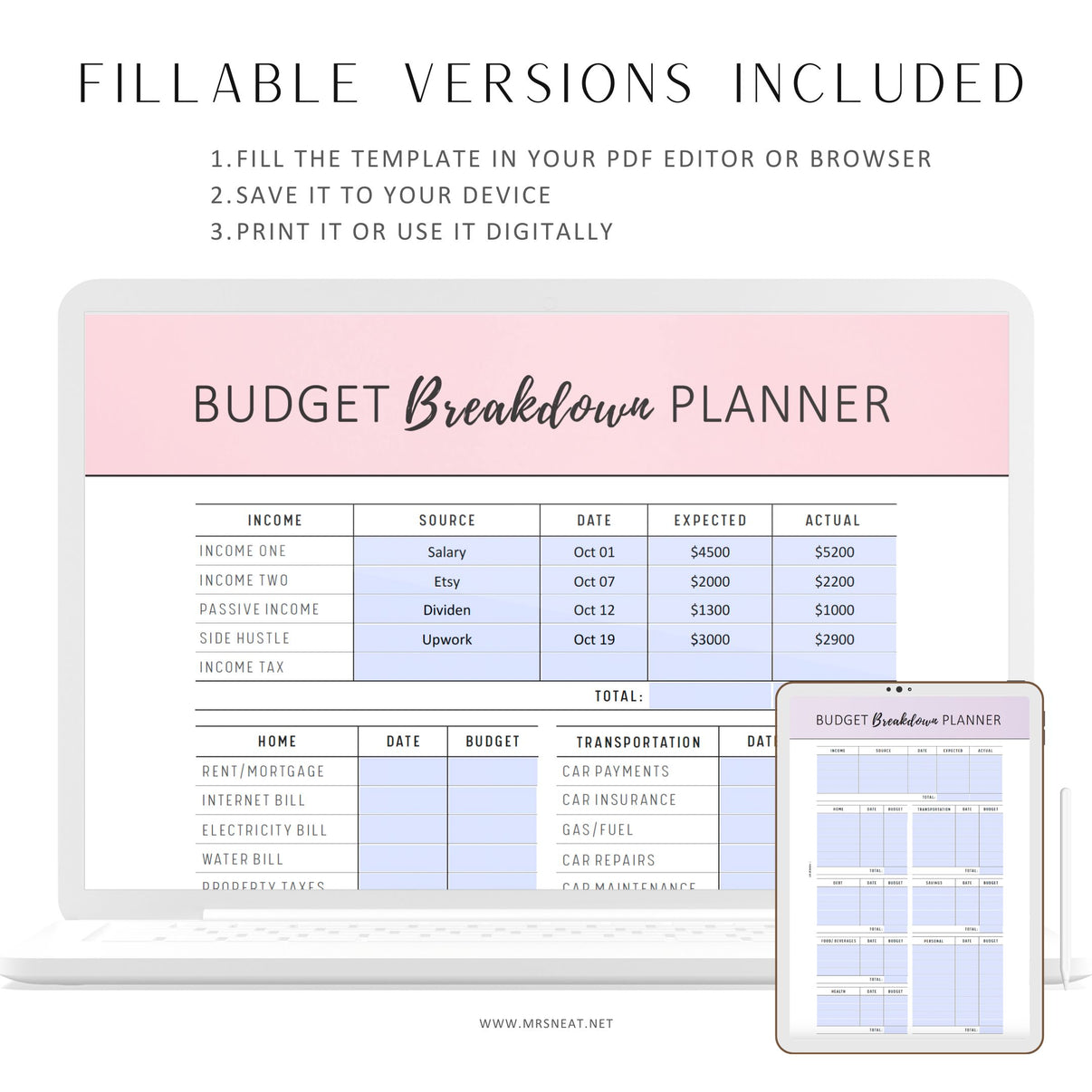 Budget Breakdown Planner Template PRINTABLE - M317 – mrsneat