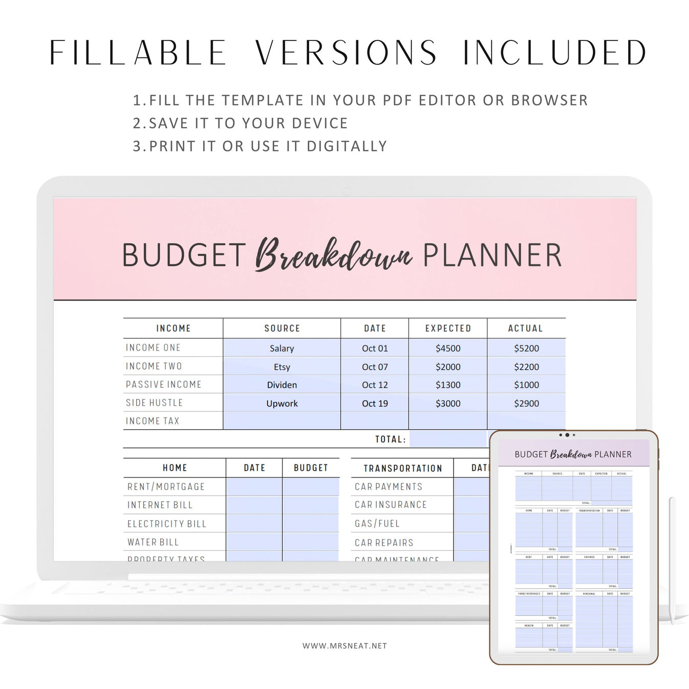 Budget Breakdown Planner Template PRINTABLE - M317 – mrsneat