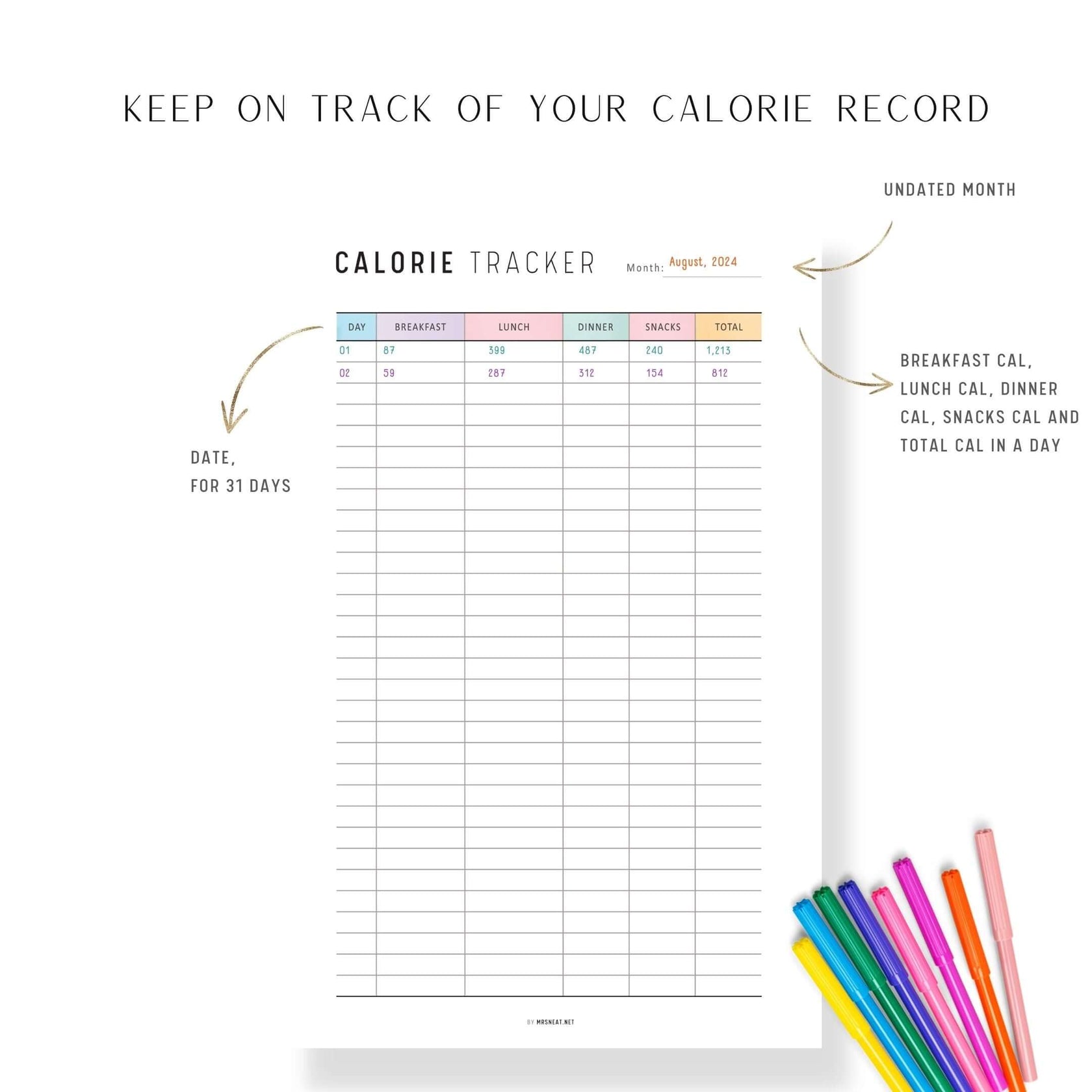 Food Calorie Tracker Printable – mrsneat