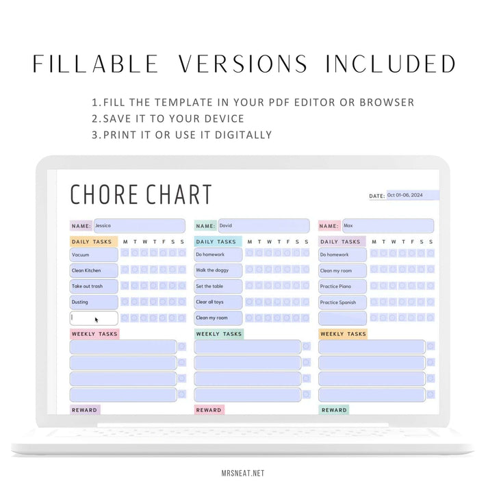 Weekly Chore Chart for 3 Kids or Adults - M486 – mrsneat