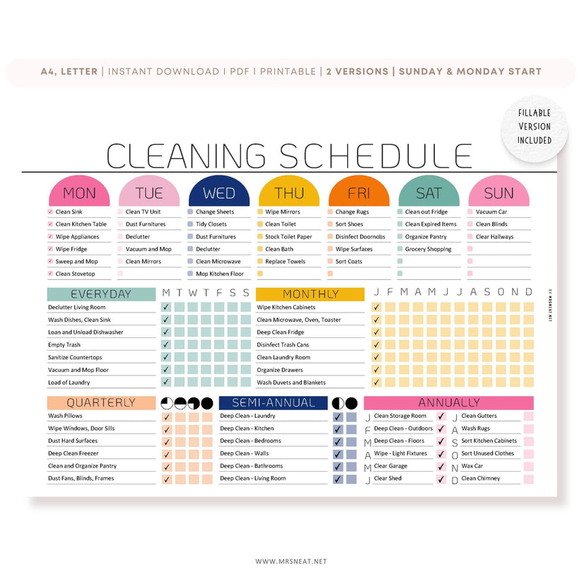 Colorful Cleaning Planner Schedule - M558 – mrsneat