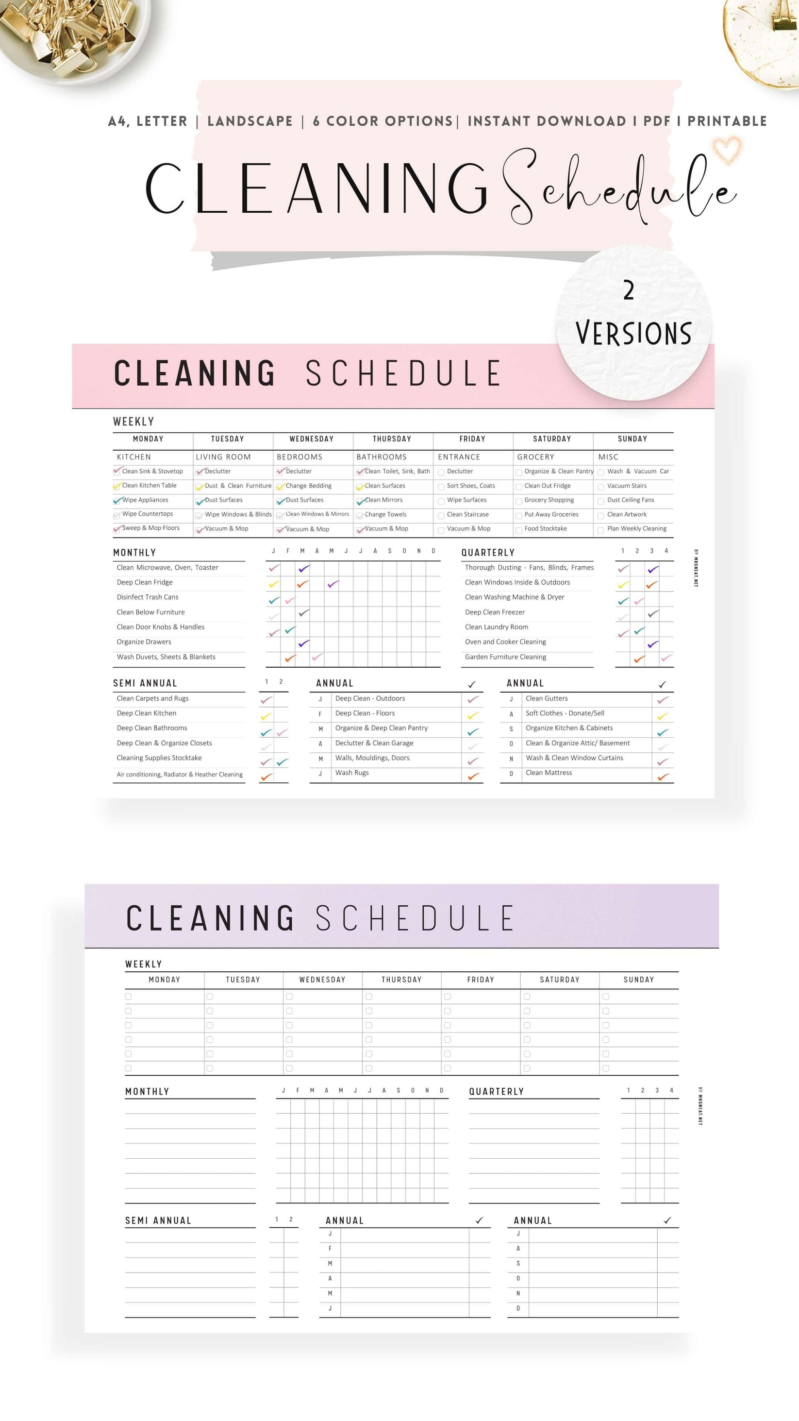 Cleaning Schedule Landscape Template - 2 Versions M314 – mrsneat