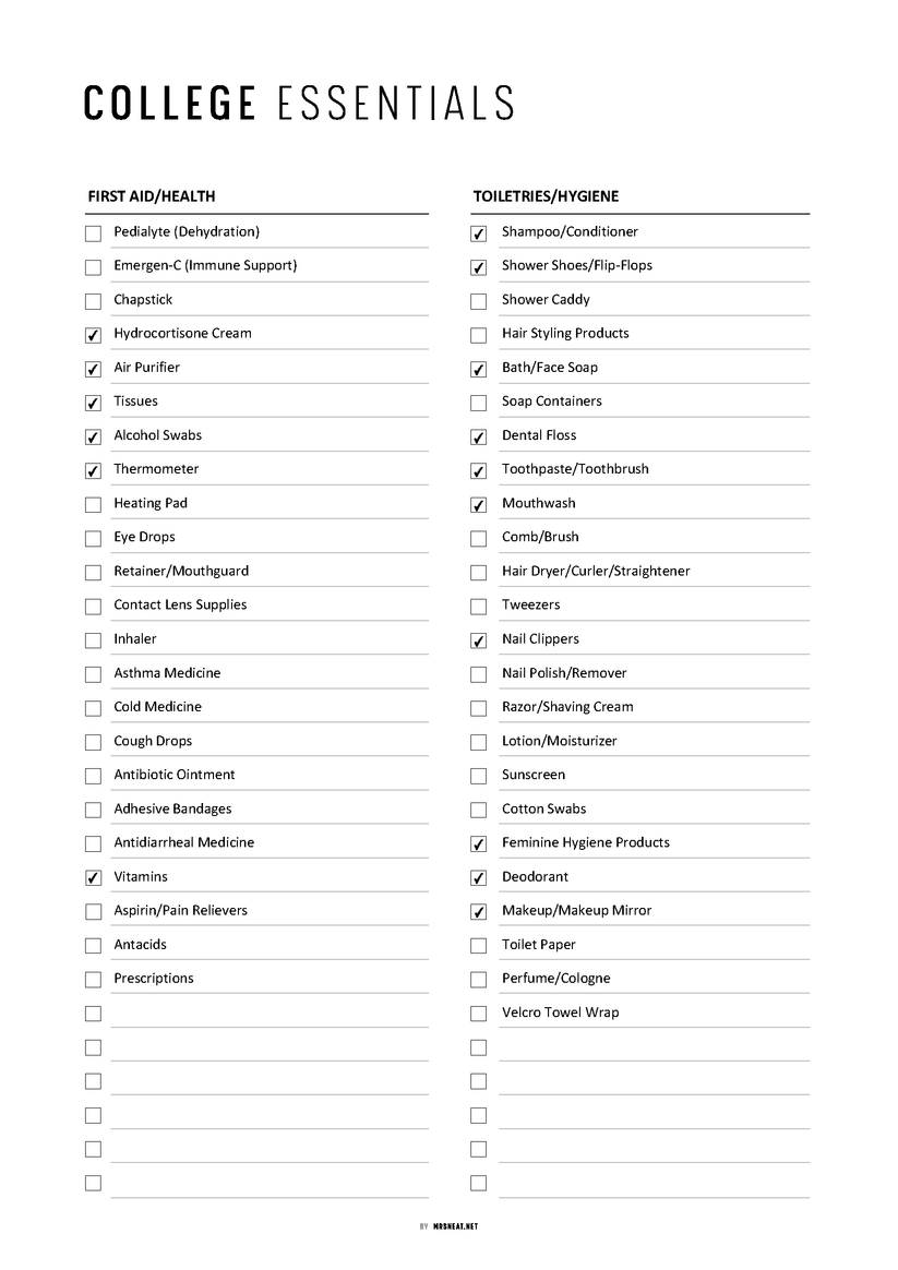 College Dorm Essentials Checklist PDF - M473 – mrsneat