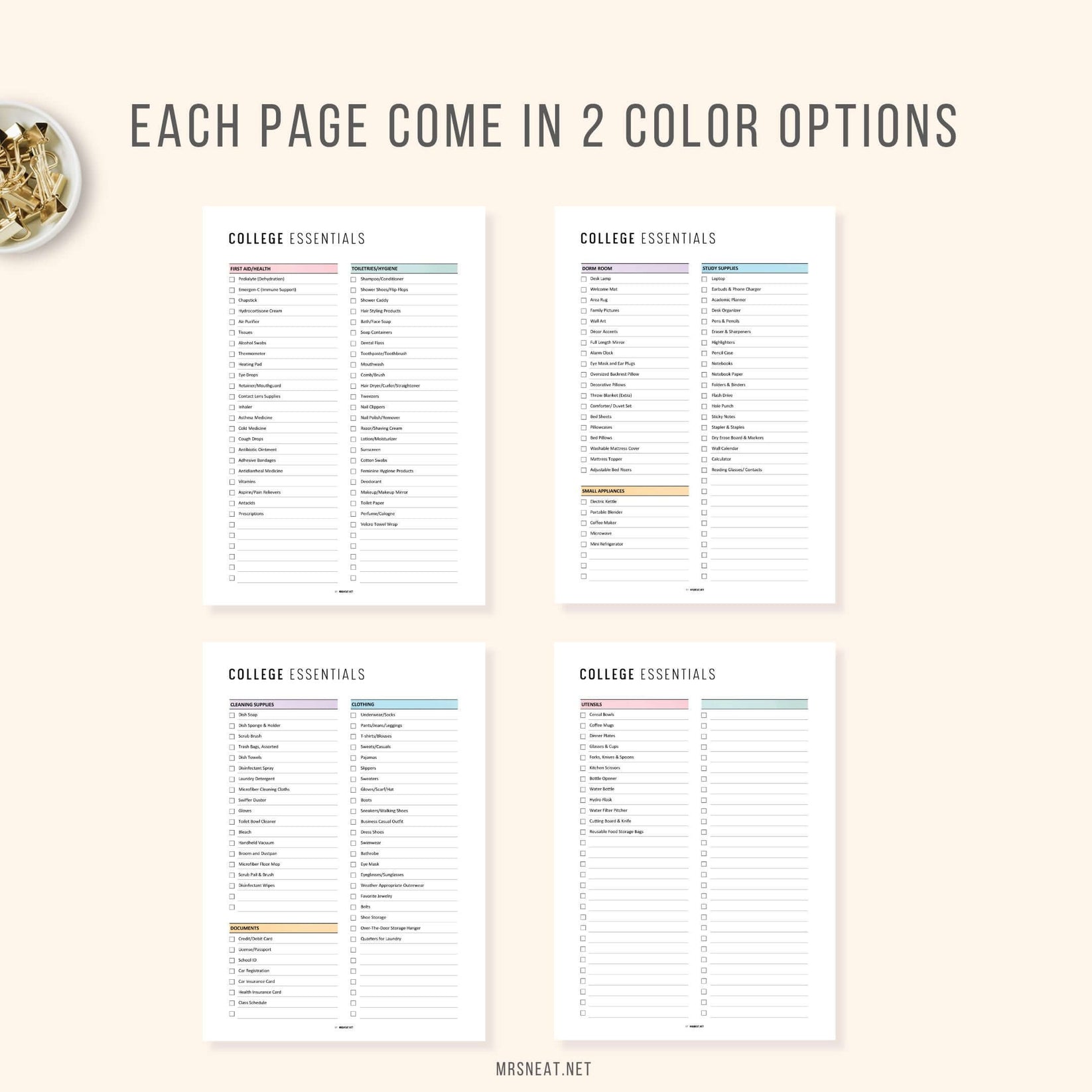 College Dorm Essentials Checklist PDF - M473 – mrsneat