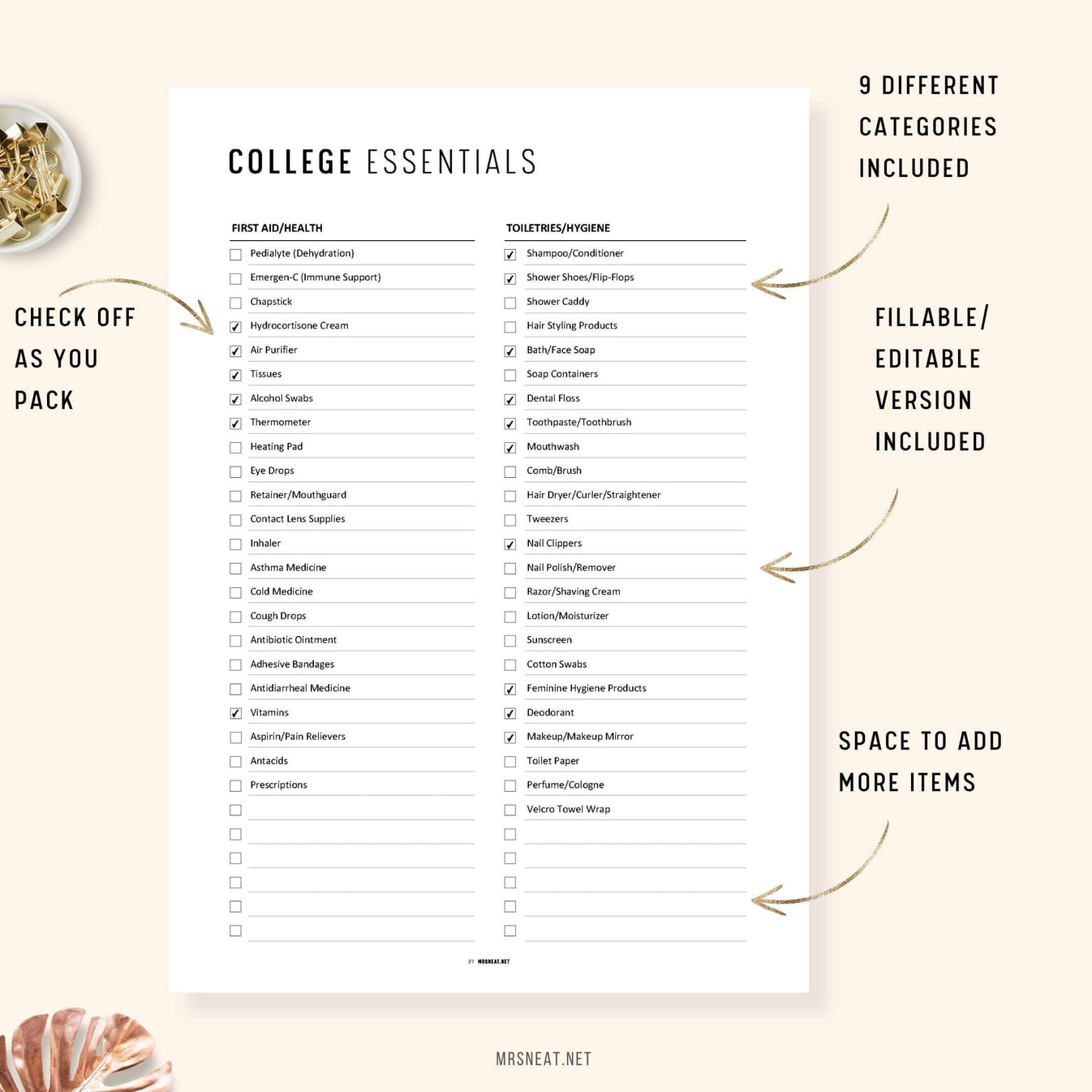 College Dorm Essentials Checklist PDF - M473 – mrsneat